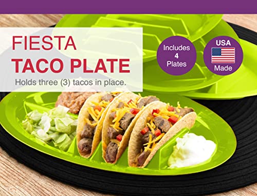 Fiesta Taco Plate by Arrow Home Products, 4 Pack - Each Plate Includes 3 Taco Holders Plus 2 Compartments - BPA Free Plastic, Made in the USA, Dishwasher Safe - Lime Green