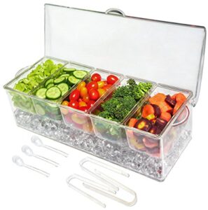 ice chilled 5 compartment condiment server caddy - serving tray container with 5 removable dishes with over 2 cup capacity each and hinged lid | 3 serving spoons + 3 tongs included