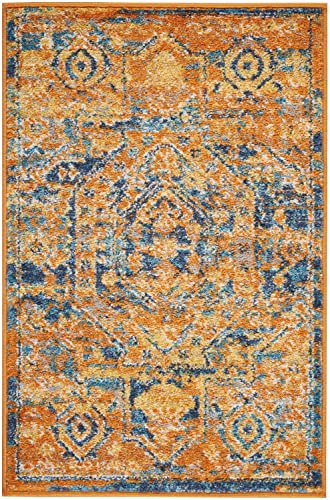 Nourison Passion Persian Teal/Sun 1'10" x 2'10" Area -Rug, Easy -Cleaning, Non Shedding, Bed Room, Living Room, Dining Room, Kitchen (2x3)