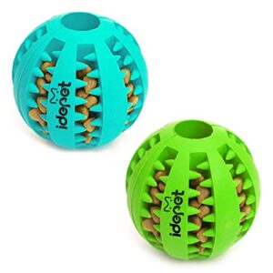 idepet dog toy ball, nontoxic bite resistant toy ball for pet dogs puppy cat, dog pet food treat feeder chew tooth cleaning ball exercise game iq training ball(2 pack-blue&green)