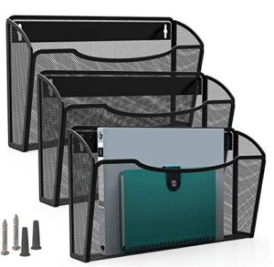 maxgear mesh file holder wall organizer 3 pockets hanging file organizers wall mounted paper organizer holders wall bins for office and home, black