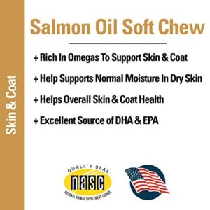 Vet Classics Salmon Oil Pet Supplement for Healthy Skin, Glossy Coats – Dog Coat Supplement, Cat Skin Supplement – Includes Omega-3, 6, 9, Source of DHA, EPA – Soft Chews 90 Ct.