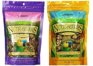 lafeber's nutri-berries parrot food 2 flavor variety sampler bundle, (1) each: sunny orchard with cranberries apricots dates, garden veggie with carrots peas broccoli (10 ounces)