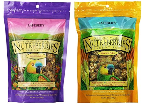 LAFEBER'S Nutri-Berries Parrot Food 2 Flavor Variety Sampler Bundle, (1) Each: Sunny Orchard with Cranberries Apricots Dates, Garden Veggie with Carrots Peas Broccoli (10 Ounces)