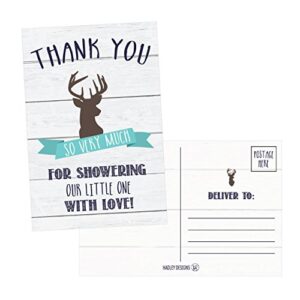 hadley designs 50 4x6 rustic deer baby shower thank you postcards woodland animals bulk, modern cute boho blank thanks note card for girl or boy stationery appreciation set