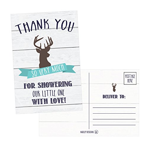 Hadley Designs 50 4x6 Rustic Deer Baby Shower Thank You Postcards Woodland Animals Bulk, Modern Cute Boho Blank Thanks Note Card For Girl or Boy Stationery Appreciation Set