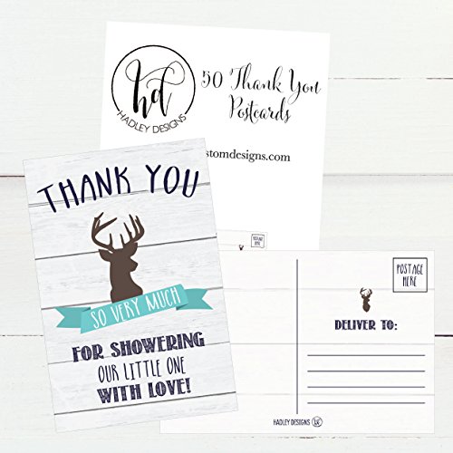 Hadley Designs 50 4x6 Rustic Deer Baby Shower Thank You Postcards Woodland Animals Bulk, Modern Cute Boho Blank Thanks Note Card For Girl or Boy Stationery Appreciation Set