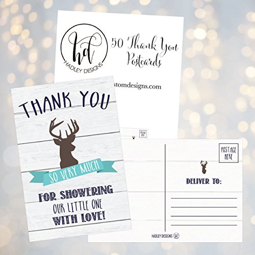 Hadley Designs 50 4x6 Rustic Deer Baby Shower Thank You Postcards Woodland Animals Bulk, Modern Cute Boho Blank Thanks Note Card For Girl or Boy Stationery Appreciation Set