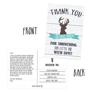 Hadley Designs 50 4x6 Rustic Deer Baby Shower Thank You Postcards Woodland Animals Bulk, Modern Cute Boho Blank Thanks Note Card For Girl or Boy Stationery Appreciation Set