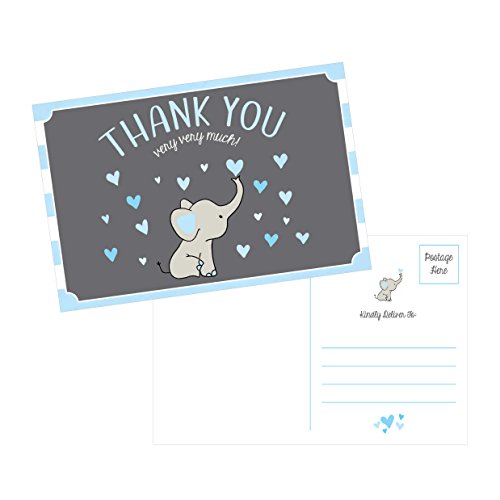 Hadley Designs 50 4x6 Elephant Boy Baby Shower Thank You Postcards Bulk, Beautiful Modern Cute Boho Blue Blank Thanks Note Card Stationery Appreciation Set