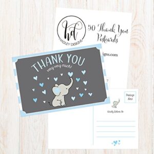 Hadley Designs 50 4x6 Elephant Boy Baby Shower Thank You Postcards Bulk, Beautiful Modern Cute Boho Blue Blank Thanks Note Card Stationery Appreciation Set