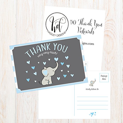 Hadley Designs 50 4x6 Elephant Boy Baby Shower Thank You Postcards Bulk, Beautiful Modern Cute Boho Blue Blank Thanks Note Card Stationery Appreciation Set