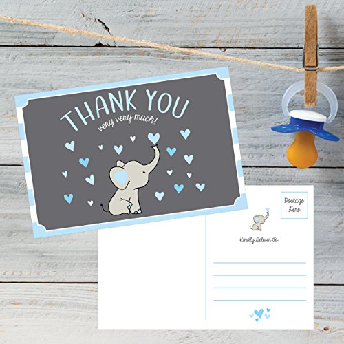 Hadley Designs 50 4x6 Elephant Boy Baby Shower Thank You Postcards Bulk, Beautiful Modern Cute Boho Blue Blank Thanks Note Card Stationery Appreciation Set