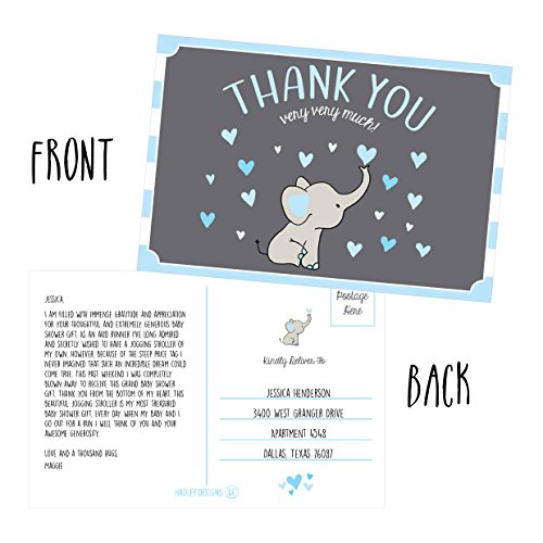 Hadley Designs 50 4x6 Elephant Boy Baby Shower Thank You Postcards Bulk, Beautiful Modern Cute Boho Blue Blank Thanks Note Card Stationery Appreciation Set