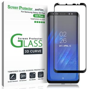 amfilm glass screen protector for samsung galaxy s8 plus, 3d curved tempered glass, dot matrix with easy installation tray, case friendly (black)