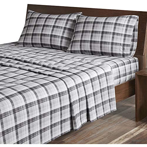 Woolrich Flannel 100% Cotton Sheet Set Warm Soft Bed Sheets with 14" Elastic Pocket, Cabin Lifestyle, Cold Season Cozy Bedding Set, Matching Pillow Case, Queen, Grey Plaid, 4 Piece