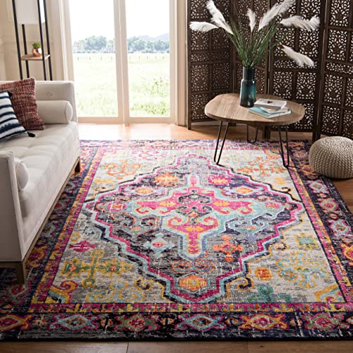 SAFAVIEH Monaco Collection Area Rug - 8' x 10', Grey & Fuchsia, Boho Chic Medallion Distressed Design, Non-Shedding & Easy Care, Ideal for High Traffic Areas in Living Room, Bedroom (MNC247R)