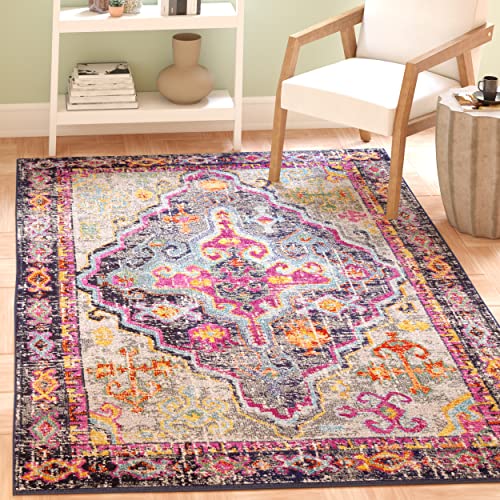 SAFAVIEH Monaco Collection Area Rug - 8' x 10', Grey & Fuchsia, Boho Chic Medallion Distressed Design, Non-Shedding & Easy Care, Ideal for High Traffic Areas in Living Room, Bedroom (MNC247R)