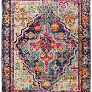 SAFAVIEH Monaco Collection Area Rug - 8' x 10', Grey & Fuchsia, Boho Chic Medallion Distressed Design, Non-Shedding & Easy Care, Ideal for High Traffic Areas in Living Room, Bedroom (MNC247R)