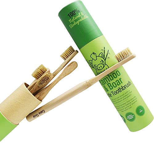 Gaia Guy Natural Bristle Bamboo Toothbrush (NO Nylon - Boar Hair ONLY) - Totally Compostable & Biodegradable Boar Bristle and Bamboo Toothbrushes - Zero Waste - 6-Pack