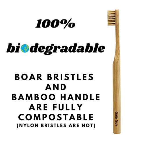 Gaia Guy Natural Bristle Bamboo Toothbrush (NO Nylon - Boar Hair ONLY) - Totally Compostable & Biodegradable Boar Bristle and Bamboo Toothbrushes - Zero Waste - 6-Pack