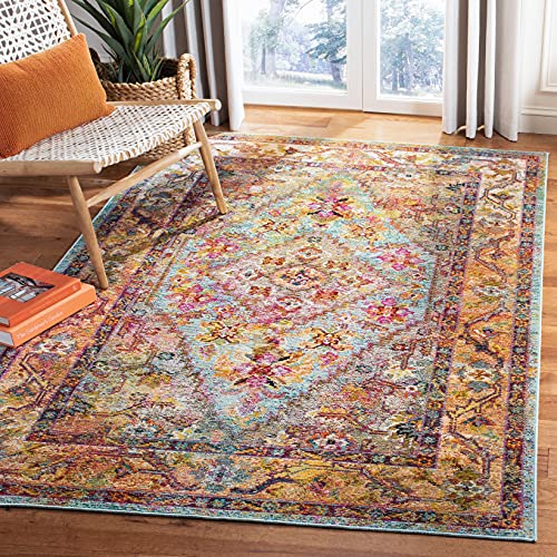 SAFAVIEH Crystal Collection Area Rug - 5' x 8', Light Blue & Orange, Medallion Distressed Design, Non-Shedding & Easy Care, Ideal for High Traffic Areas in Living Room, Bedroom (CRS507A)