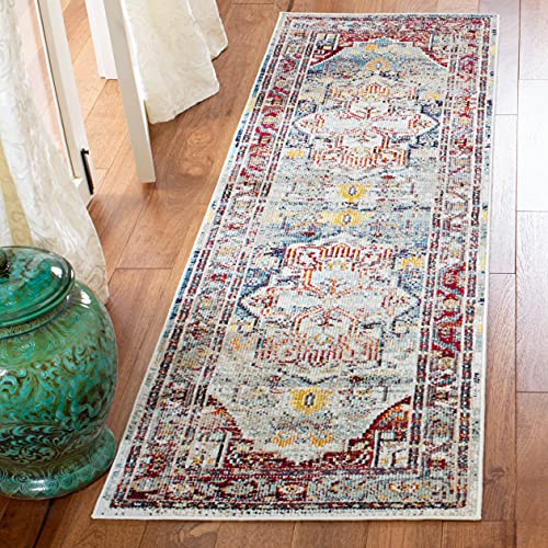 SAFAVIEH Crystal Collection Runner Rug - 2'2" x 7', Light Blue & Red, Medallion Distressed Design, Non-Shedding & Easy Care, Ideal for High Traffic Areas in Living Room, Bedroom (CRS503C)