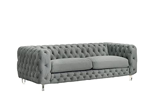 Iconic Home Modern Contemporary Tufted Velvet Down-Mix Cushons Acrylic Leg Sofa, Grey