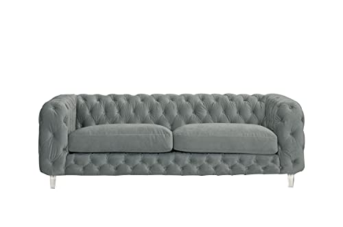 Iconic Home Modern Contemporary Tufted Velvet Down-Mix Cushons Acrylic Leg Sofa, Grey