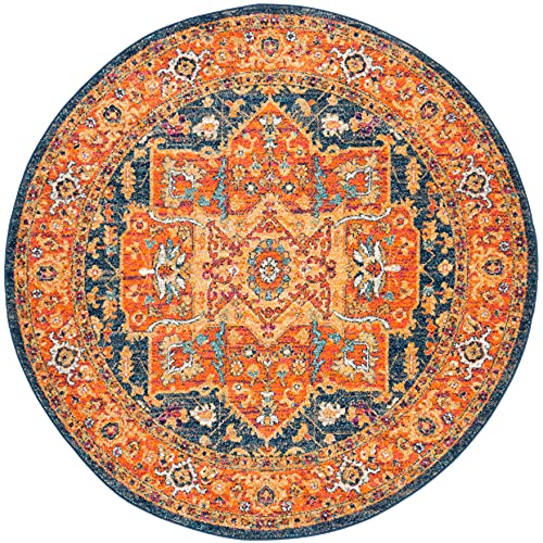 SAFAVIEH Evoke Collection 5'1" Round Blue/Orange EVK275C Oriental Medallion Distressed Non-Shedding Dining Room Entryway Foyer Living Room Bedroom Area Rug