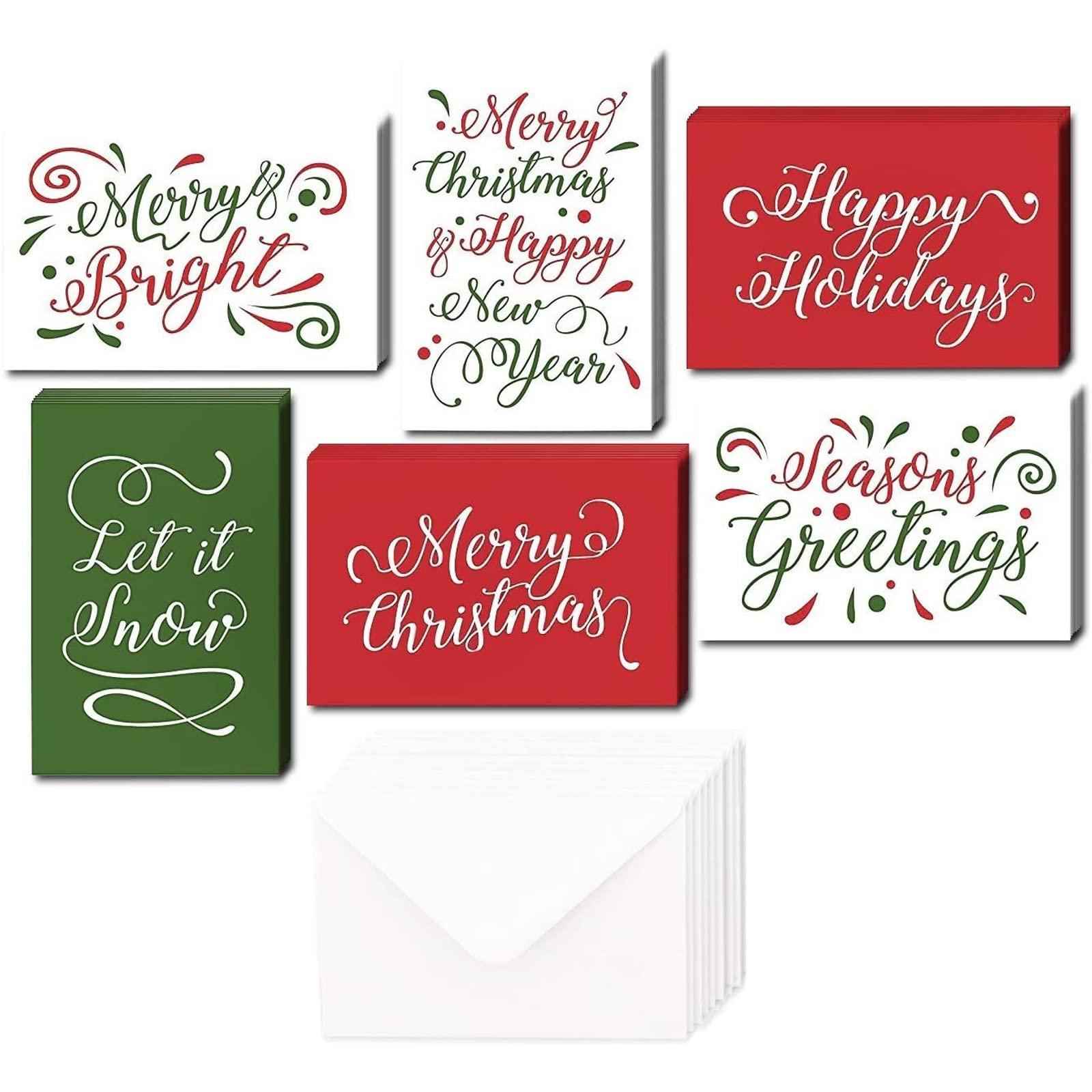 48 Pack of Christmas Winter Holiday Family Greeting Cards - Assorted Christmas Greetings Red Green Design - Boxed with 48 Count White Envelopes Included - 4.5 x 6.25 Inches