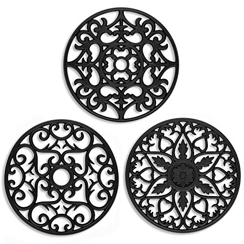 Silicone Trivet ME.FAN 3 Set Silicone Trivet Mat - Multi-Use Intricately Carved Insulated Flexible Durable Non Slip Coasters (Black)