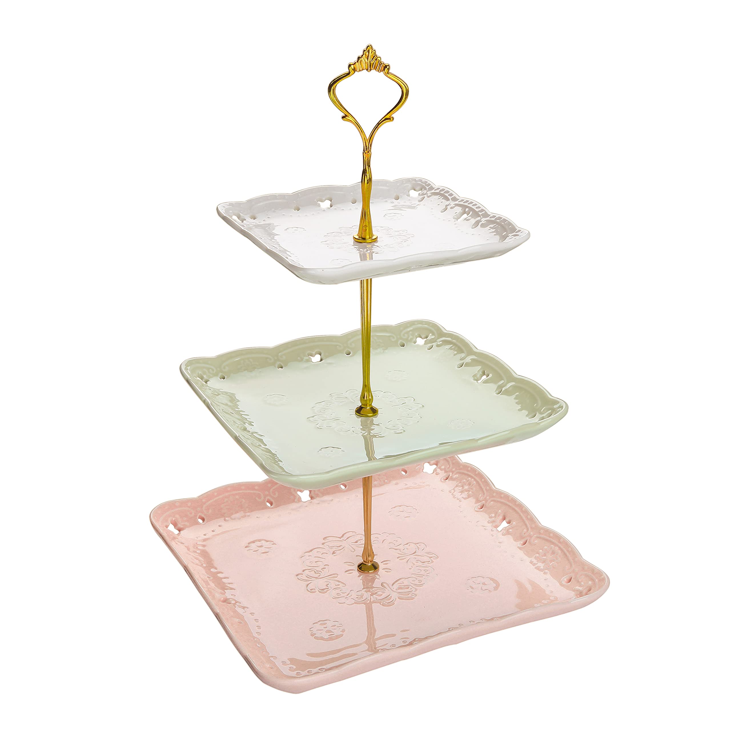 MALACASA 3 Tier Cupcake Stand, Porcelain Tiered Cupcake Tower Stand, Square Embossed Dessert Stand Serving Trays for Tea Party and Wedding, Multicolor Display Stand, Series Sweet.Time