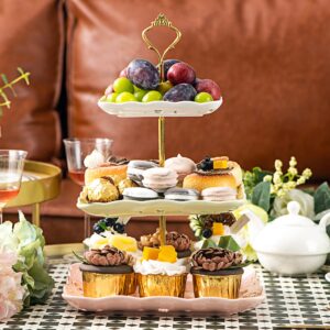 MALACASA 3 Tier Cupcake Stand, Porcelain Tiered Cupcake Tower Stand, Square Embossed Dessert Stand Serving Trays for Tea Party and Wedding, Multicolor Display Stand, Series Sweet.Time