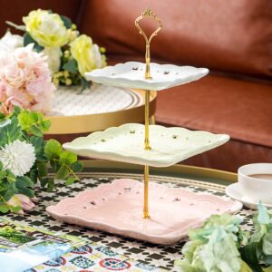 MALACASA 3 Tier Cupcake Stand, Porcelain Tiered Cupcake Tower Stand, Square Embossed Dessert Stand Serving Trays for Tea Party and Wedding, Multicolor Display Stand, Series Sweet.Time