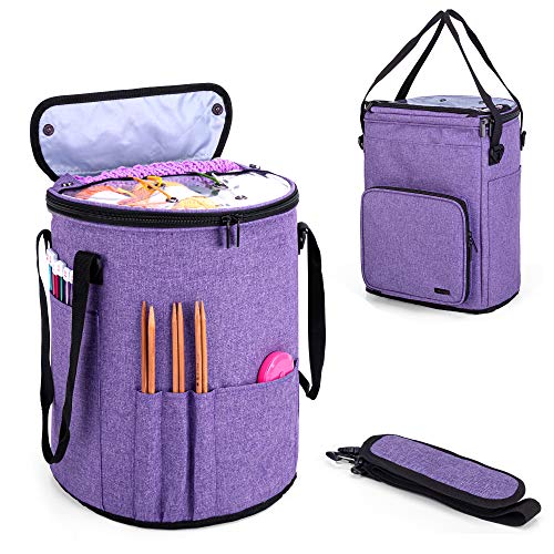 Teamoy Knitting Tote Bag, Yarn Storage Crochet Bag Organizer for Knitting Needles, Yarn, Unfinished Projects, Crochet Hooks, and Other Supplies, Purple