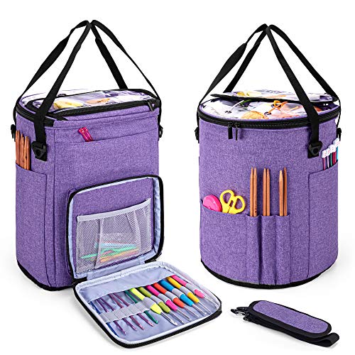 Teamoy Knitting Tote Bag, Yarn Storage Crochet Bag Organizer for Knitting Needles, Yarn, Unfinished Projects, Crochet Hooks, and Other Supplies, Purple