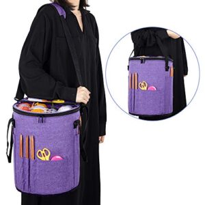 Teamoy Knitting Tote Bag, Yarn Storage Crochet Bag Organizer for Knitting Needles, Yarn, Unfinished Projects, Crochet Hooks, and Other Supplies, Purple