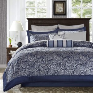 madison park aubrey cozy comforter set, faux silk jacquard paisley design - all season down alternative bedding layer with bedskirt, decorative pillow, queen, navy 12 piece