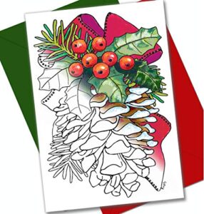 art eclect christmas coloring cards for adults, 12 cards with 12 unique designs, 6 red and 6 green envelopes included (christmas b1)