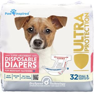 paw inspired 32ct disposable dog diapers | female dog diapers ultra protection | diapers for dogs in heat, excitable urination, or incontinence (small)