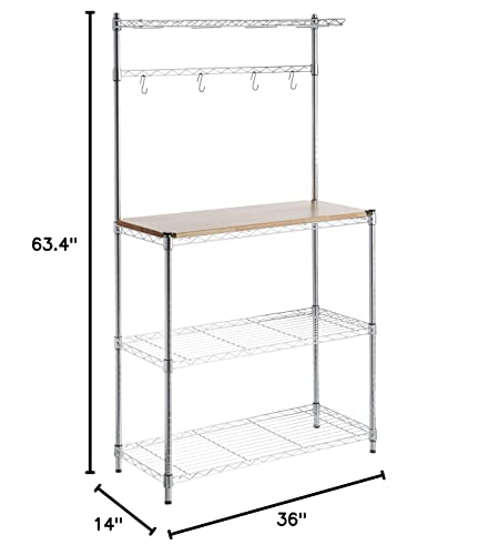 Amazon Basics 3 Tier Kitchen Storage Baker's Rack With Removeable Top, Wood/Chrome, 14" D x 36" W x 63.4" H