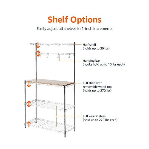 Amazon Basics 3 Tier Kitchen Storage Baker's Rack With Removeable Top, Wood/Chrome, 14" D x 36" W x 63.4" H