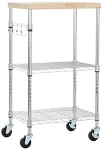 amazon basics kitchen storage microwave rack cart on caster wheels with adjustable shelves, 175 pound capacity, 15 x 21 x 36.7 inches, wood/chrome