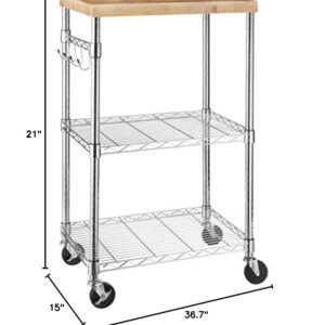 Amazon Basics Kitchen Storage Microwave Rack Cart on Caster Wheels with Adjustable Shelves, 175 Pound Capacity, 15 x 21 x 36.7 inches, Wood/Chrome