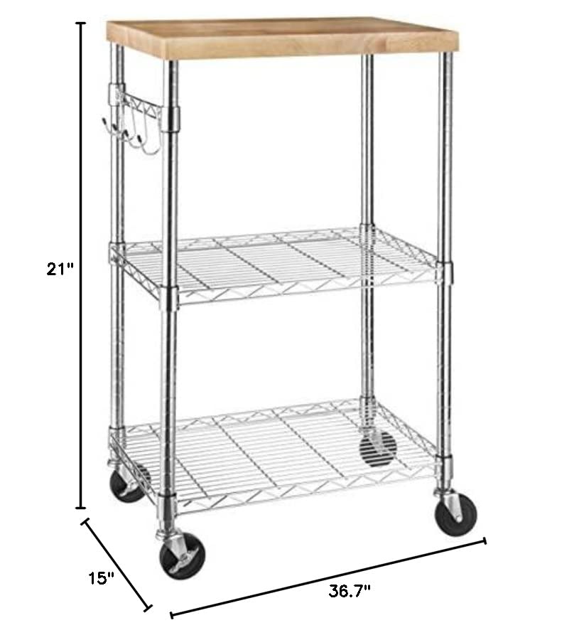 Amazon Basics Kitchen Storage Microwave Rack Cart on Caster Wheels with Adjustable Shelves, 175 Pound Capacity, 15 x 21 x 36.7 inches, Wood/Chrome