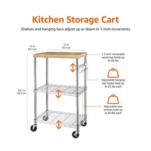 Amazon Basics Kitchen Storage Microwave Rack Cart on Caster Wheels with Adjustable Shelves, 175 Pound Capacity, 15 x 21 x 36.7 inches, Wood/Chrome