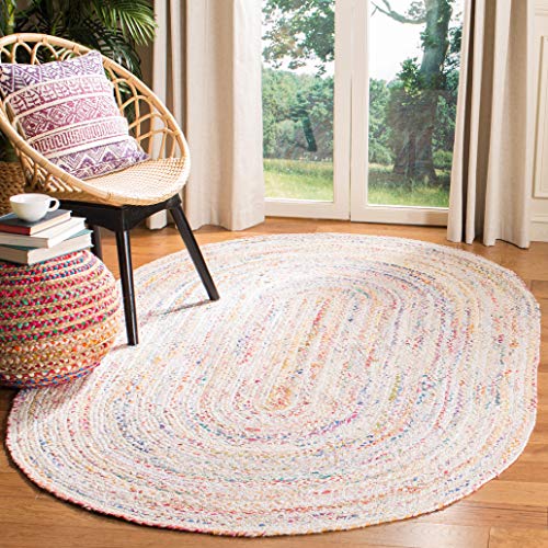 SAFAVIEH Braided Collection Area Rug - 6' x 9' Oval, Ivory & Multi, Handmade Boho Reversible Cotton, Ideal for High Traffic Areas in Living Room, Bedroom (BRD210B)