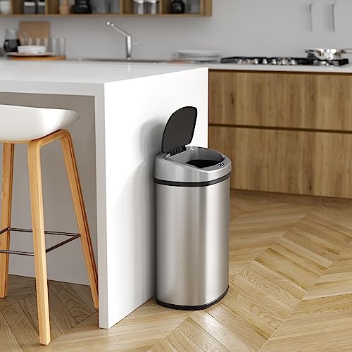 SensorCan 13 Gallon Battery-FREE Automatic Sensor Kitchen Trash Can with Power Adapter, Oval Shape Stainless Steel Garbage Bin with AC Plug