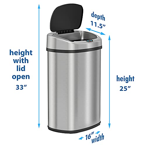 SensorCan 13 Gallon Battery-FREE Automatic Sensor Kitchen Trash Can with Power Adapter, Oval Shape Stainless Steel Garbage Bin with AC Plug